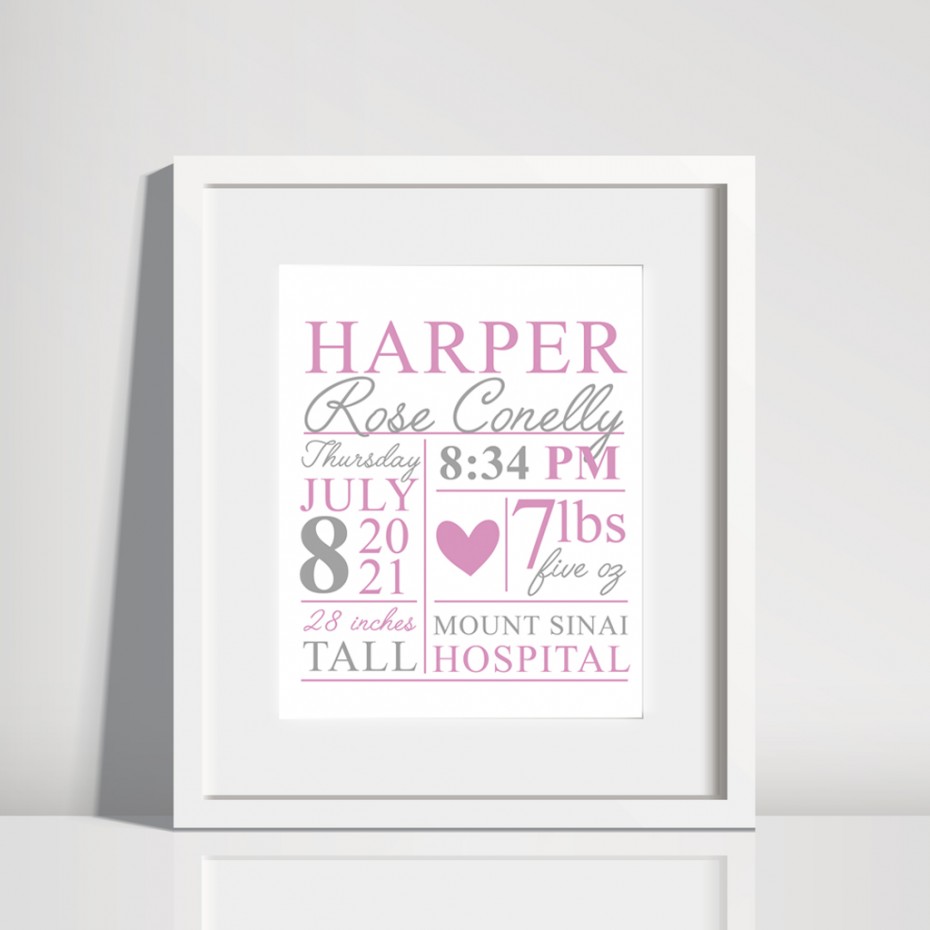 Personalized Baby Announcement Framed Art - Heart in Pink & Grey - You ...